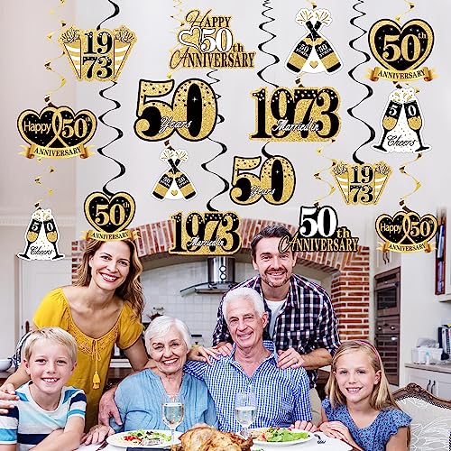 50th Anniversary Hanging Swirls Decorations, Black Gold Happy 50th Wedding Anniversary Married in 1973 Foil Swirl Party Supplies, Cheers to 50 Years Anniversary Ceiling Hanging Decor