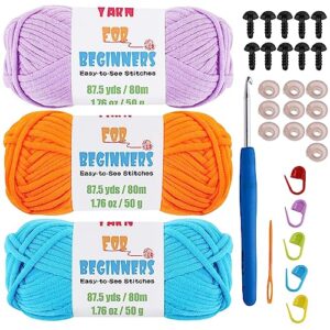 crochet and knitting yarn for beginners 3x1.76oz yarn for crocheting with easy-to-see stitches chunky cotton-nylon blend easy yarn kit for beginner crocheting set 262 yards, purple&orange&blue