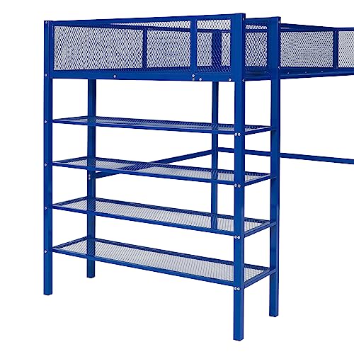 Twin Size Loft Bed with 4-Tier Storage Shelves for Teens Adult,Metal Loft Bed Frame with 14.4" H Safety Guardrail,Noise Free Heavy Duty Twin Loft Bed,No Box Spring Needed