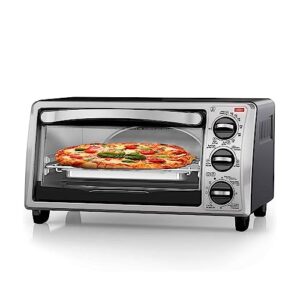 toaster oven 4 slice countertop - pizza oven with timer, convection oven fits a 9 inch pizza, for bake, broil, toast, includes baking pan and rack, stainless steel, silver