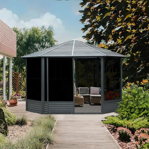 Domi 13x13FT Sunroom,Aluminum Solarium with Galvanized Steel Sloping Roof, Lockable Screen House, Moveable PC Screen&Sliding Door for Patio Deck Backyard Lawn