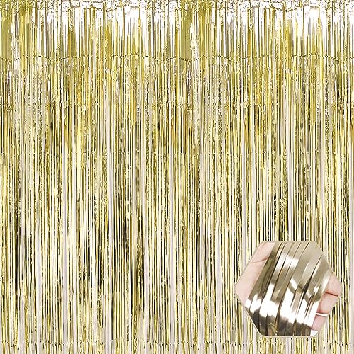 3 Pack Light Gold Foil Fringe Curtain Backdrop, 3.28Ft x 8.2Ft Metallic Tinsel Foil Fringe Streamer Curtains for Photo Booth, Halloween, Christmas, Birthday, Wedding Party Decorations