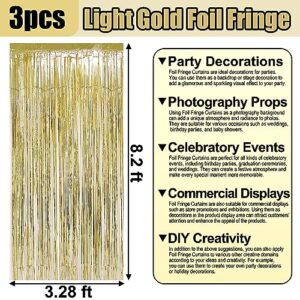 3 Pack Light Gold Foil Fringe Curtain Backdrop, 3.28Ft x 8.2Ft Metallic Tinsel Foil Fringe Streamer Curtains for Photo Booth, Halloween, Christmas, Birthday, Wedding Party Decorations