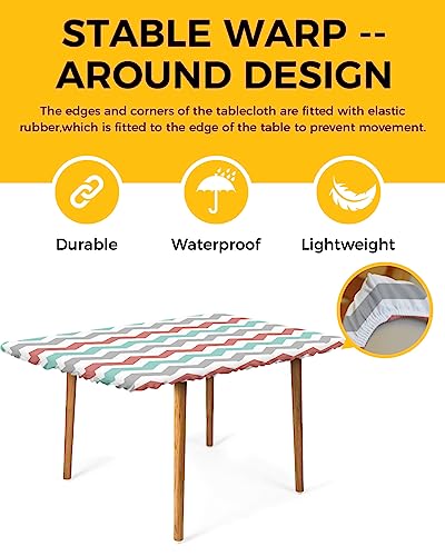 Artwork Store Rectangle Outdoor Tablecloth Waterproof Elastic Fitted Table Covers for 6 Foot Tables,Gray and White Chevron Zig Zag Wipeable Patio Table Covers for Picnic,Camping,Indoor,30x72 Inches