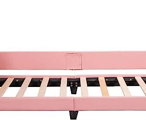 Twin Size Cute Upholstered Daybed PU Leather Sofa Bed with Carton Ears Shaped Headboard & Wooden Platform Bed Frame - with Low Profile Single Design - No Box Spring Needed (Color : Pink-a)