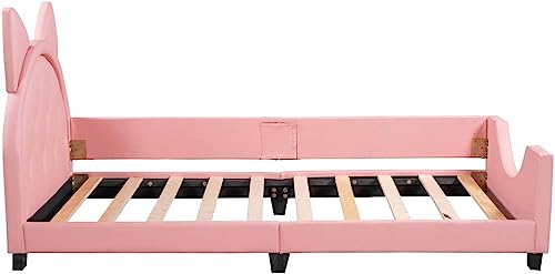 Twin Size Cute Upholstered Daybed PU Leather Sofa Bed with Carton Ears Shaped Headboard & Wooden Platform Bed Frame - with Low Profile Single Design - No Box Spring Needed (Color : Pink-a)