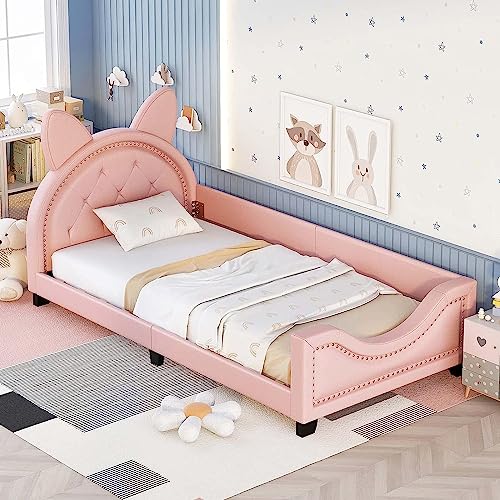 Twin Size Cute Upholstered Daybed PU Leather Sofa Bed with Carton Ears Shaped Headboard & Wooden Platform Bed Frame - with Low Profile Single Design - No Box Spring Needed (Color : Pink-a)