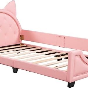 Twin Size Cute Upholstered Daybed PU Leather Sofa Bed with Carton Ears Shaped Headboard & Wooden Platform Bed Frame - with Low Profile Single Design - No Box Spring Needed (Color : Pink-a)