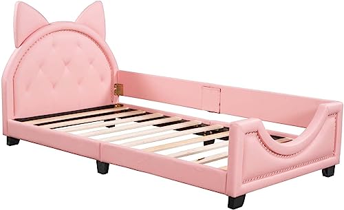 Twin Size Cute Upholstered Daybed PU Leather Sofa Bed with Carton Ears Shaped Headboard & Wooden Platform Bed Frame - with Low Profile Single Design - No Box Spring Needed (Color : Pink-a)