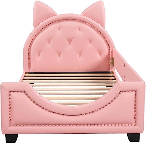 Twin Size Cute Upholstered Daybed PU Leather Sofa Bed with Carton Ears Shaped Headboard & Wooden Platform Bed Frame - with Low Profile Single Design - No Box Spring Needed (Color : Pink-a)