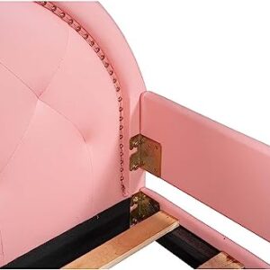 Twin Size Cute Upholstered Daybed PU Leather Sofa Bed with Carton Ears Shaped Headboard & Wooden Platform Bed Frame - with Low Profile Single Design - No Box Spring Needed (Color : Pink-a)