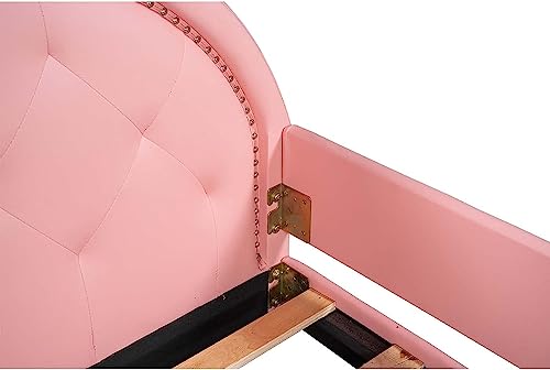 Twin Size Cute Upholstered Daybed PU Leather Sofa Bed with Carton Ears Shaped Headboard & Wooden Platform Bed Frame - with Low Profile Single Design - No Box Spring Needed (Color : Pink-a)