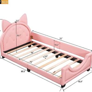 Twin Size Cute Upholstered Daybed PU Leather Sofa Bed with Carton Ears Shaped Headboard & Wooden Platform Bed Frame - with Low Profile Single Design - No Box Spring Needed (Color : Pink-a)