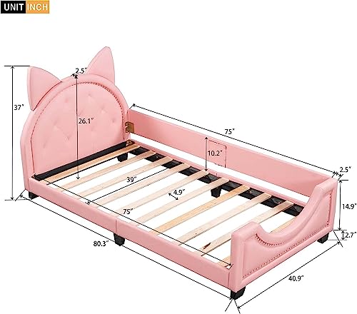 Twin Size Cute Upholstered Daybed PU Leather Sofa Bed with Carton Ears Shaped Headboard & Wooden Platform Bed Frame - with Low Profile Single Design - No Box Spring Needed (Color : Pink-a)