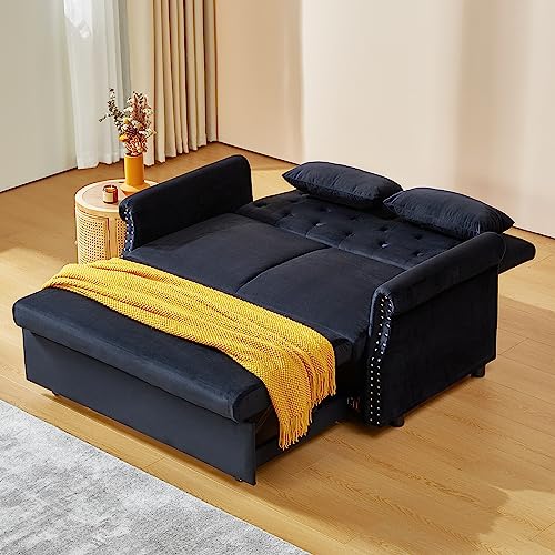 LEVNARY Velvet Small Convertible Sleeper Sofa, Pull-Out Loveseat Futon Sofa Bed, 3-in-1 Upholstered Twin Couch Bed with Adjustable Backrest and 2 Pillows for Small Spaces Living Room (Black)