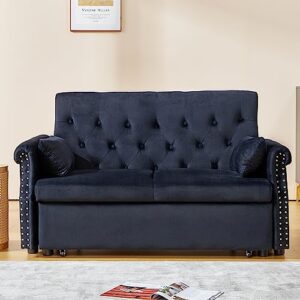 LEVNARY Velvet Small Convertible Sleeper Sofa, Pull-Out Loveseat Futon Sofa Bed, 3-in-1 Upholstered Twin Couch Bed with Adjustable Backrest and 2 Pillows for Small Spaces Living Room (Black)