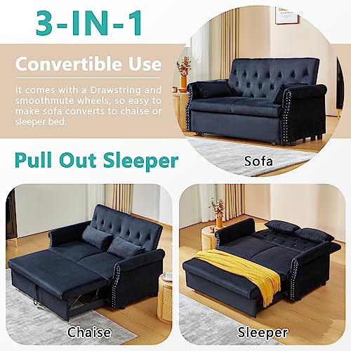 LEVNARY Velvet Small Convertible Sleeper Sofa, Pull-Out Loveseat Futon Sofa Bed, 3-in-1 Upholstered Twin Couch Bed with Adjustable Backrest and 2 Pillows for Small Spaces Living Room (Black)