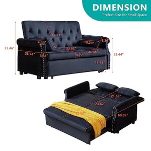 LEVNARY Velvet Small Convertible Sleeper Sofa, Pull-Out Loveseat Futon Sofa Bed, 3-in-1 Upholstered Twin Couch Bed with Adjustable Backrest and 2 Pillows for Small Spaces Living Room (Black)