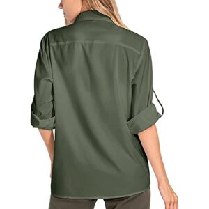 Womens Button Up Shirts UPF 50+ Sun Protection Long Sleeve Lapel Collar Zipper Pocket Blouse Outdoor Cool Fishing Hiking Shirt Free Fly Apparel Women