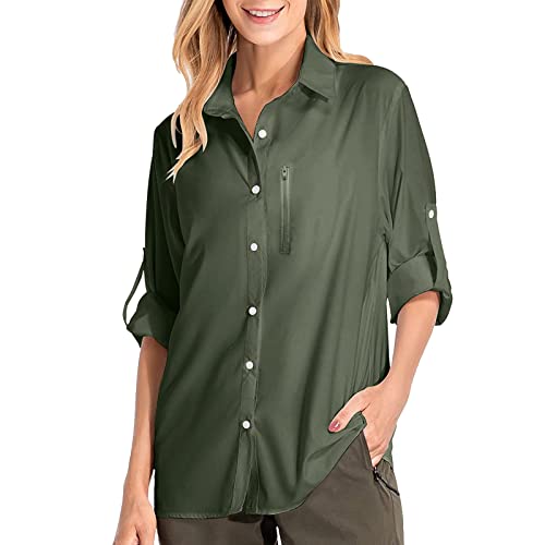 Womens Button Up Shirts UPF 50+ Sun Protection Long Sleeve Lapel Collar Zipper Pocket Blouse Outdoor Cool Fishing Hiking Shirt Free Fly Apparel Women