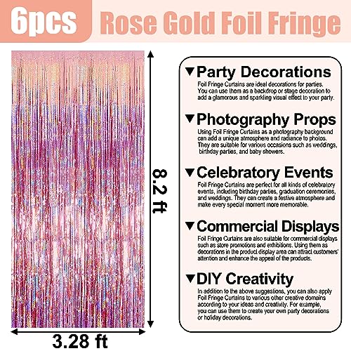 6 Pack Rose Gold Foil Fringe Curtain Backdrop, 3.28Ft x 8.2Ft Metallic Tinsel Foil Fringe Streamer Curtains for Photo Booth, Christmas, Halloween, Birthday, Wedding Party Decorations