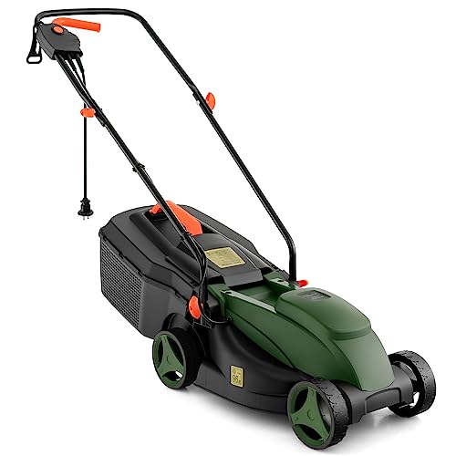 Safstar Electric Corded Lawn Mower Clearance, 12-AMP 14-Inch Walk-Behind Lawnmower with Collection Box, 3 Adjustable Height Position, Self Locking Function, 2-in-1 Push Lawn Mower for Backyard Patio