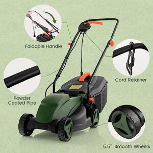 Safstar Electric Corded Lawn Mower Clearance, 12-AMP 14-Inch Walk-Behind Lawnmower with Collection Box, 3 Adjustable Height Position, Self Locking Function, 2-in-1 Push Lawn Mower for Backyard Patio