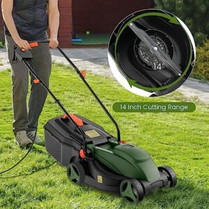 Safstar Electric Corded Lawn Mower Clearance, 12-AMP 14-Inch Walk-Behind Lawnmower with Collection Box, 3 Adjustable Height Position, Self Locking Function, 2-in-1 Push Lawn Mower for Backyard Patio