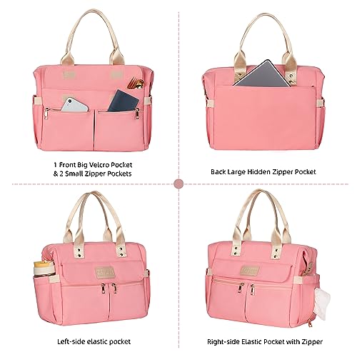 CSFICTS Lunch Bag for Women, Extra Large Insulated Lunch Box, Wide-Open Lunch Tote Cooler Bag With Side Pockets and Removable Shoulder Strap, Lunchbag For Work Picnic Hiking Beach, Pink