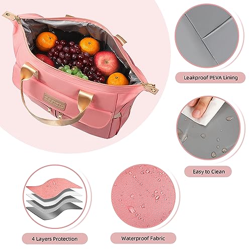 CSFICTS Lunch Bag for Women, Extra Large Insulated Lunch Box, Wide-Open Lunch Tote Cooler Bag With Side Pockets and Removable Shoulder Strap, Lunchbag For Work Picnic Hiking Beach, Pink