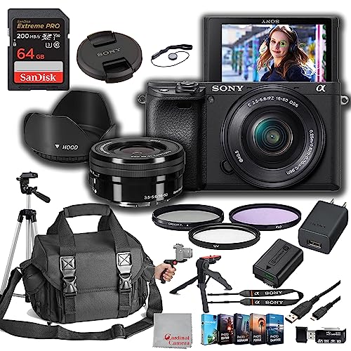 Sony a6400 Mirrorless Camera with 16-50mm Lens 64GB Extreem Speed Memory, Case. Tripod, Filters, Hood, Grip, & Professional Video & Photo Editing Software Kit