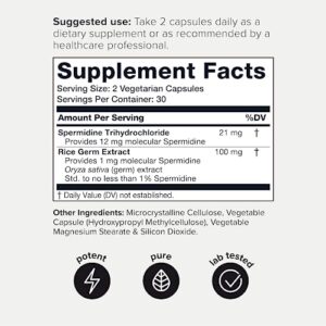 22mg Ultra Concentrated Spermidine Supplement - 3rd Party Tested Spermidine Supplements for Men and Women - Rice Germ Extract and Trihydrochloride Complex Blend - 60 Vegetarian Capsules - 30 Servings