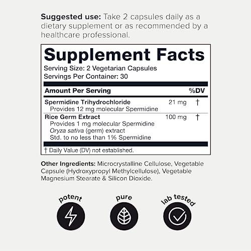 22mg Ultra Concentrated Spermidine Supplement - 3rd Party Tested Spermidine Supplements for Men and Women - Rice Germ Extract and Trihydrochloride Complex Blend - 60 Vegetarian Capsules - 30 Servings