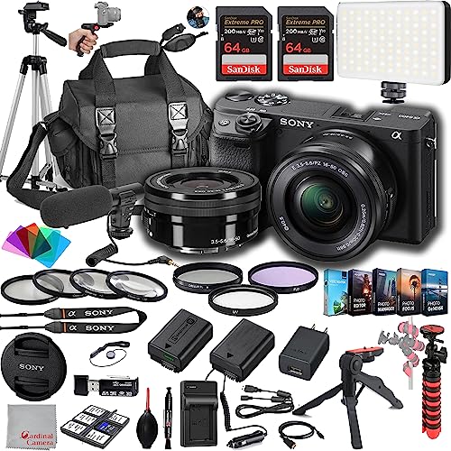 Sony a6400 Mirrorless Camera with 16-50mm Lens, 128GB Extreem Speed Memory,Microphone, 120LED Video Light, Tripod, Filters, Hood, Grip,Spare Battery & Charger, Editing Software Kit -Deluxe Bundle