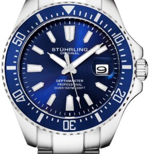 Stuhrling Original Men's Watches Pro Dive Watch Sports Watch with 42 MM Case Blue Dial Stainless Steel Silver Bracelet Diving Watch for Men (Blue)