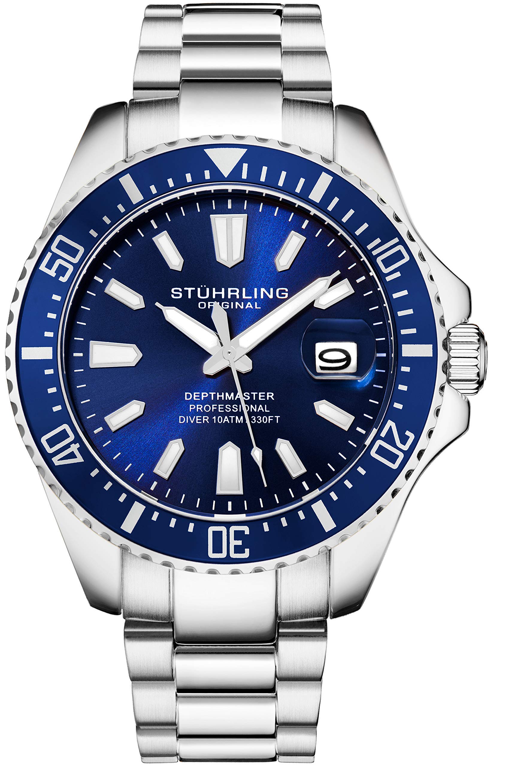 Stuhrling Original Men's Watches Pro Dive Watch Sports Watch with 42 MM Case Blue Dial Stainless Steel Silver Bracelet Diving Watch for Men (Blue)