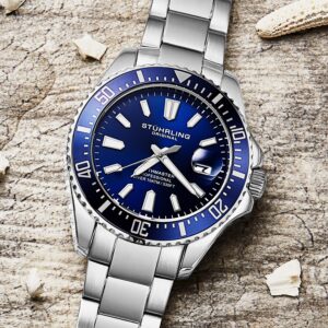 Stuhrling Original Men's Watches Pro Dive Watch Sports Watch with 42 MM Case Blue Dial Stainless Steel Silver Bracelet Diving Watch for Men (Blue)