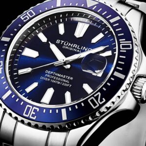 Stuhrling Original Men's Watches Pro Dive Watch Sports Watch with 42 MM Case Blue Dial Stainless Steel Silver Bracelet Diving Watch for Men (Blue)