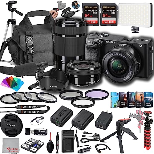 Sony a6400 Mirrorless Camera with 16-50mm + 55-210mm Lenses, 128GB Extreem Memory,.43 Wide Angle & 2X Lenses, Case. Tripod, Filters, Hood, Spare Battery & Charger, Editing Software Kit -Deluxe Bundle