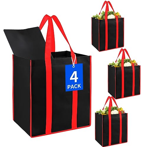 Bodaon 4Pk Collapsible Kitchen Reusable Grocery Bags with Plastic Bottom, the Utility Tote Bag Bulk, Large Folding/Foldable Reusable Shopping Cart for Groceries, Storage Totes Heavy Duty (Black)