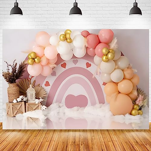 Bohemian Rainbow Backdrop Gold Pampas Grass Boho Birthday Party Decoration Bohemian Cake Smash Photo Background Baby Girls First One Birthday Decorations Baby Shower Cake Smash Banner,5x3ft