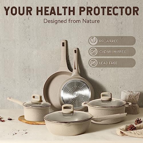 CAROTE Pots and Pans Set Nonstick, 8 Pcs Induction Cookware Set, Stackable Kitchen Cookware, Pans for Cooking, Taupe Granite