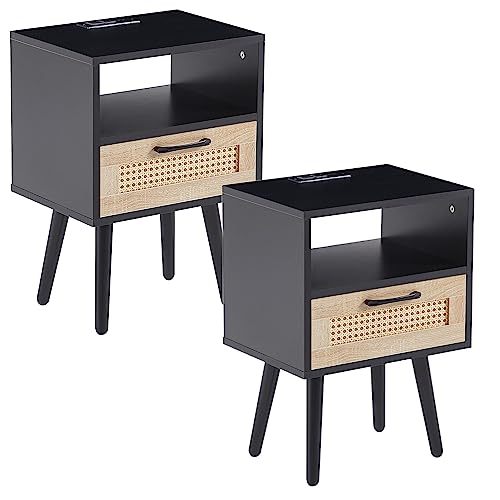 Exquisite Nightstands Set of 2, Night Stands with Power Outlet & USB Ports,Rattan Decor Drawer, Bed Side Tables with Solid Wood Feet, End Table, for Bedroom, Living Room, Dormitory - Black