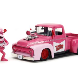 1956 F-100 Pickup Truck Pink with Graphics and Franken Berry Diecast Figure Franken Berry Hollywood Rides Series 1/24 Diecast Model Car by Jada 32025