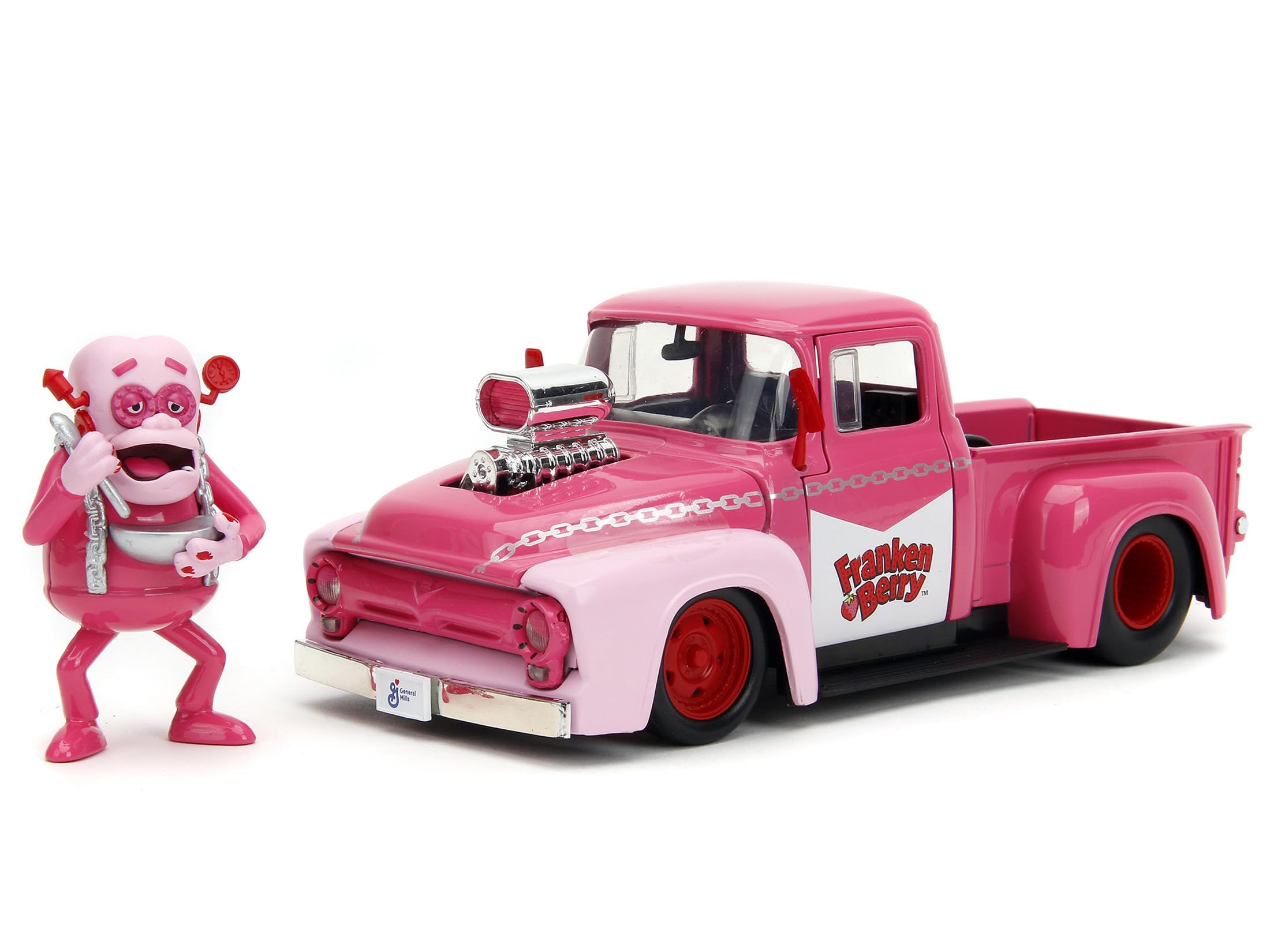 1956 F-100 Pickup Truck Pink with Graphics and Franken Berry Diecast Figure Franken Berry Hollywood Rides Series 1/24 Diecast Model Car by Jada 32025