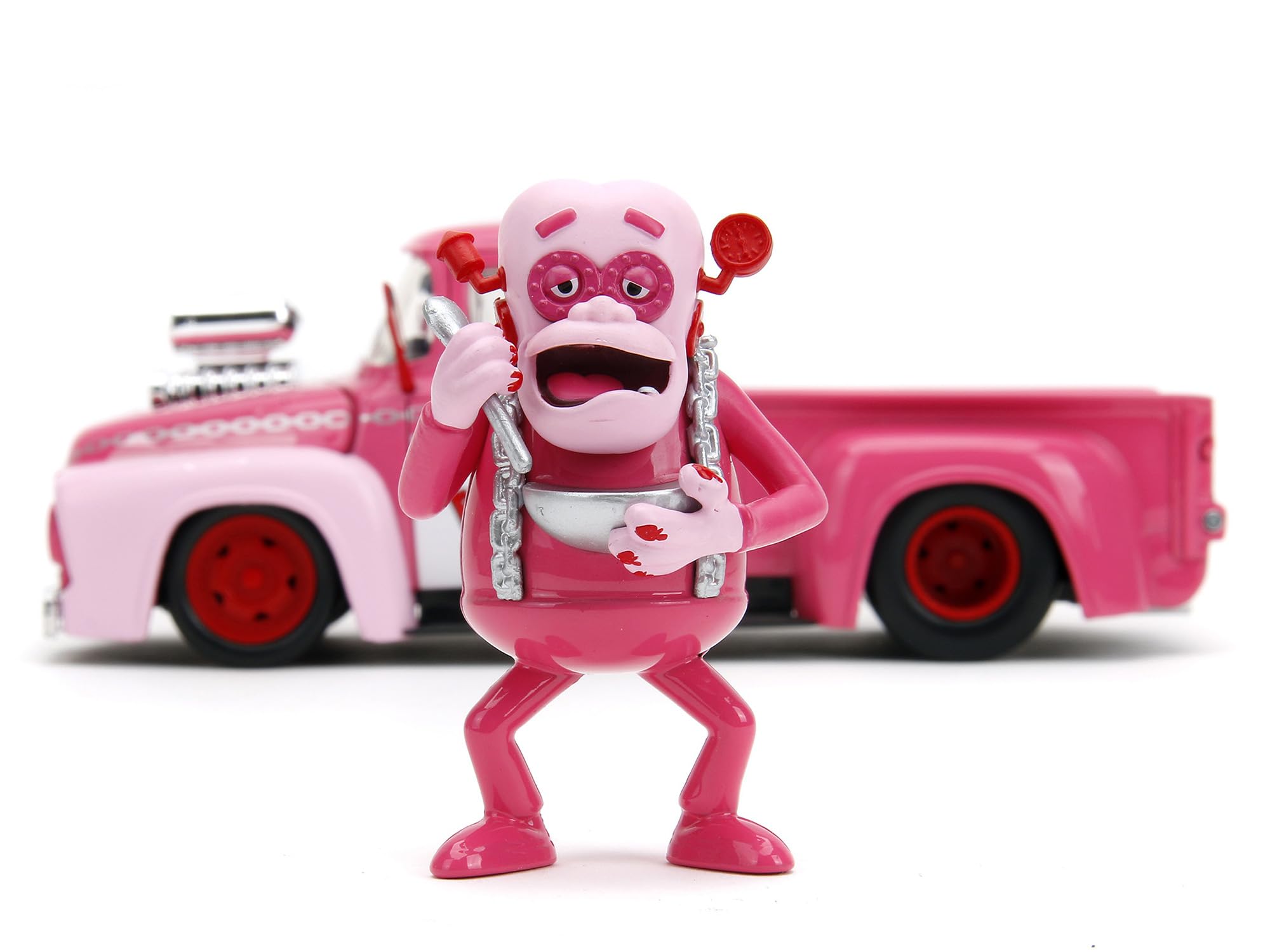 1956 F-100 Pickup Truck Pink with Graphics and Franken Berry Diecast Figure Franken Berry Hollywood Rides Series 1/24 Diecast Model Car by Jada 32025