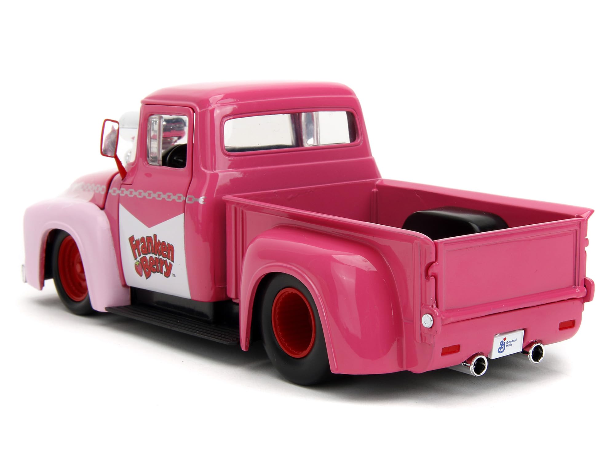 1956 F-100 Pickup Truck Pink with Graphics and Franken Berry Diecast Figure Franken Berry Hollywood Rides Series 1/24 Diecast Model Car by Jada 32025