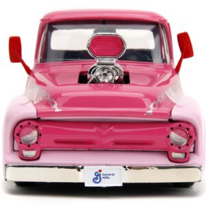 1956 F-100 Pickup Truck Pink with Graphics and Franken Berry Diecast Figure Franken Berry Hollywood Rides Series 1/24 Diecast Model Car by Jada 32025