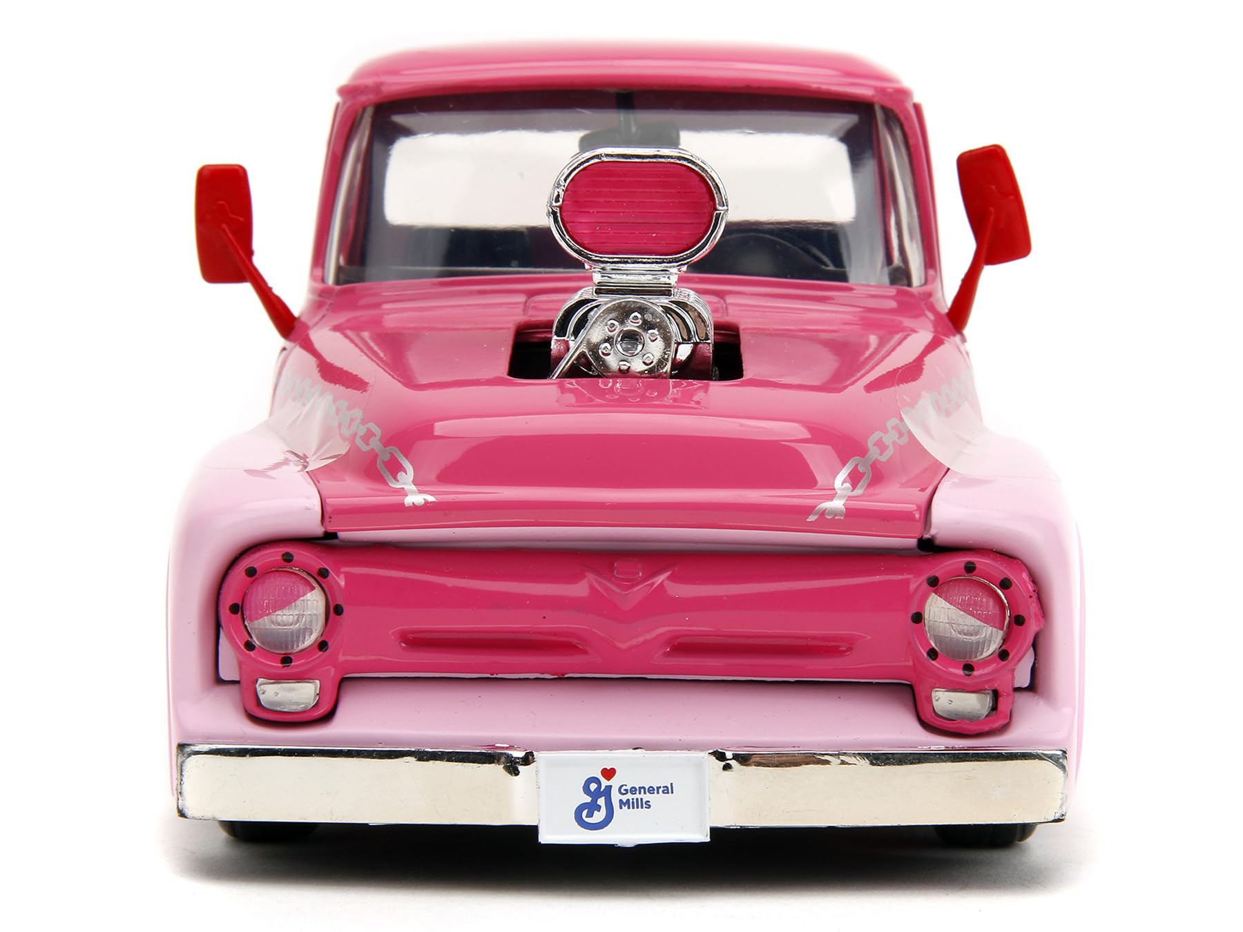 1956 F-100 Pickup Truck Pink with Graphics and Franken Berry Diecast Figure Franken Berry Hollywood Rides Series 1/24 Diecast Model Car by Jada 32025