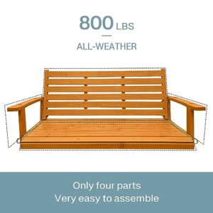 Wooden Porch Swing 2-Seater, Ergonomic Seat, Bench Swing with Hanging Chains and 7mm Springs, Heavy Duty 800 LBS, for Outdoor Patio Garden Yard, Golden Honey